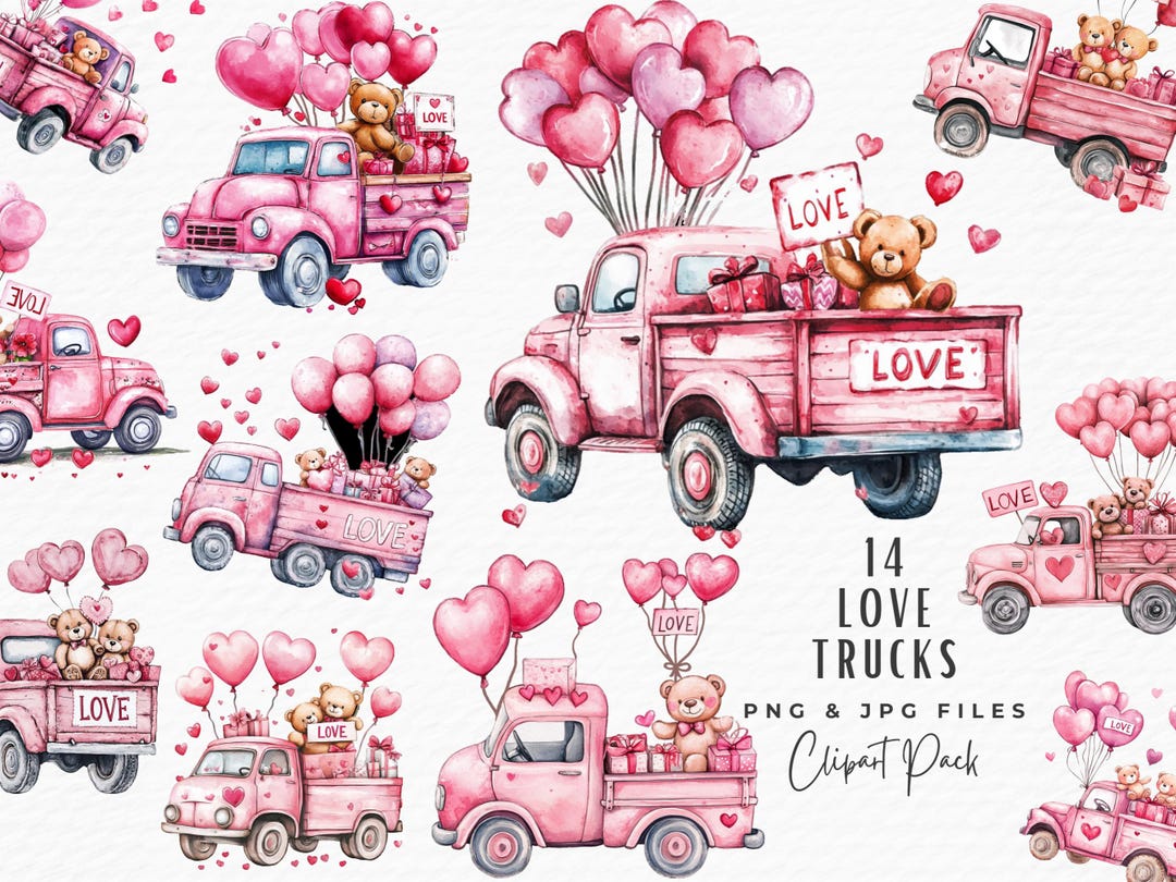 Valentine Truck Clipart, Watercolor Valentines Day Pink Love Heart ...