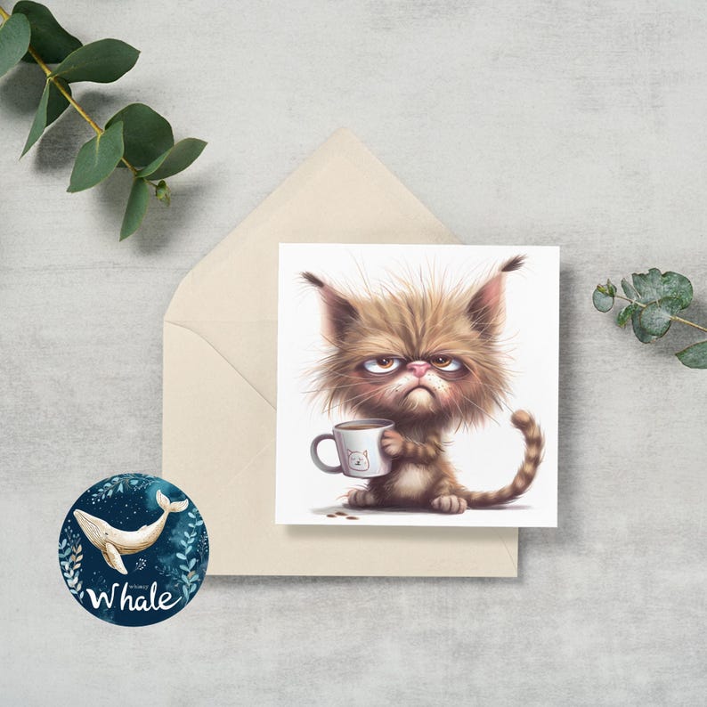 Watercolor Frazzled Coffee Cat Clipart: Funny Cartoon Tabby (digital ...
