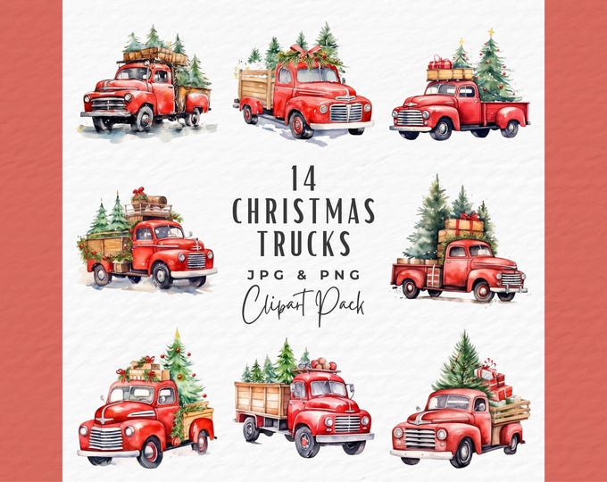 Christmas Truck, Clipart, Watercolor, Holiday Clipart, Snowman Clipart ...