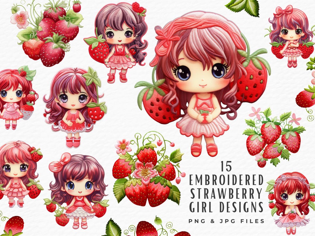 Cute Strawberry Baby Girl Clipart Bundle, Embroidered Cute Strawberry ...