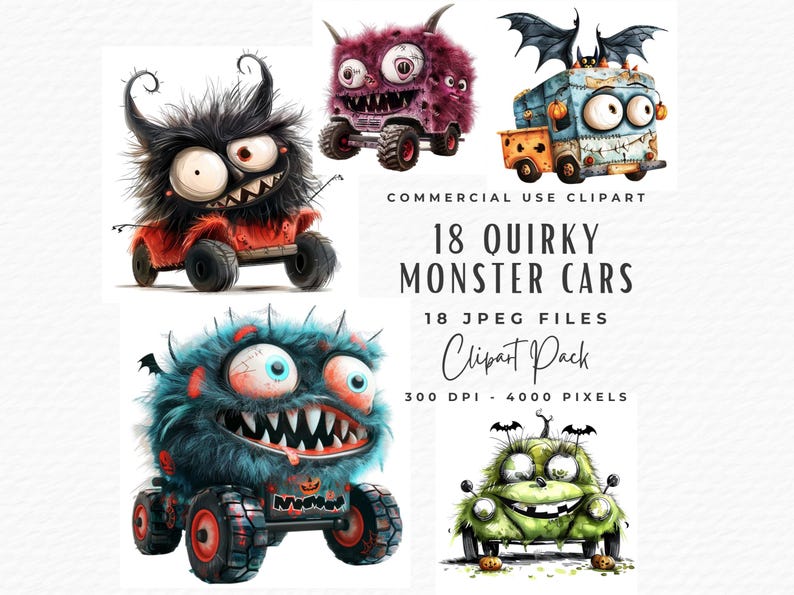 Halloween Monster Car Clipart | Funny Cartoon Trucks (digital Download ...