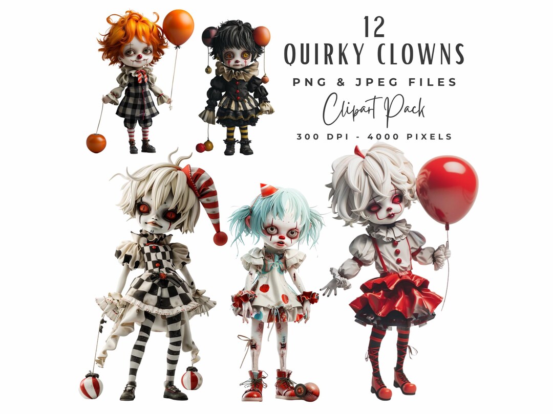 Creepy Clown Clipart Bundle, 12 Quirky Spooky Clowns PNG JPEG Clip Art ...