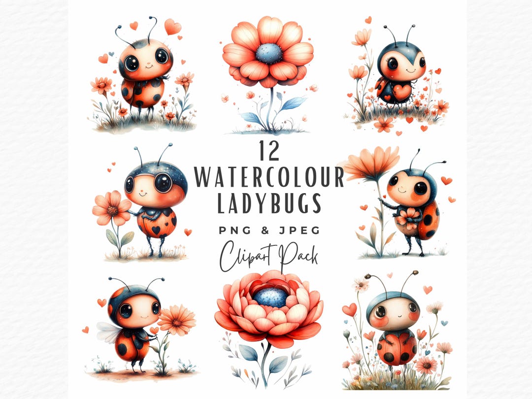 Watercolor Ladybugs and Hearts Clipart Bundle, Love Bug With Hearts ...