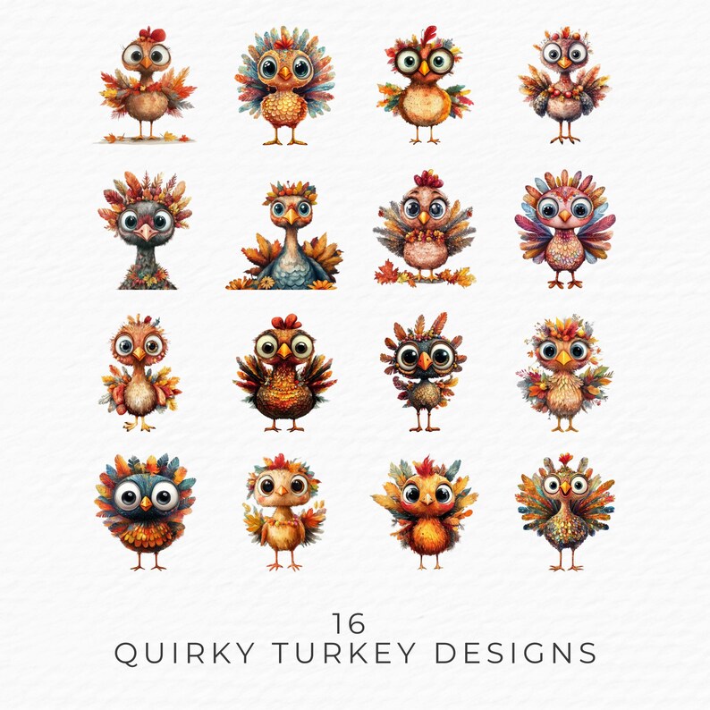 Quirky Turkey Clipart, 16 Watercolor Cute Whimsical Funny Thanksgiving ...