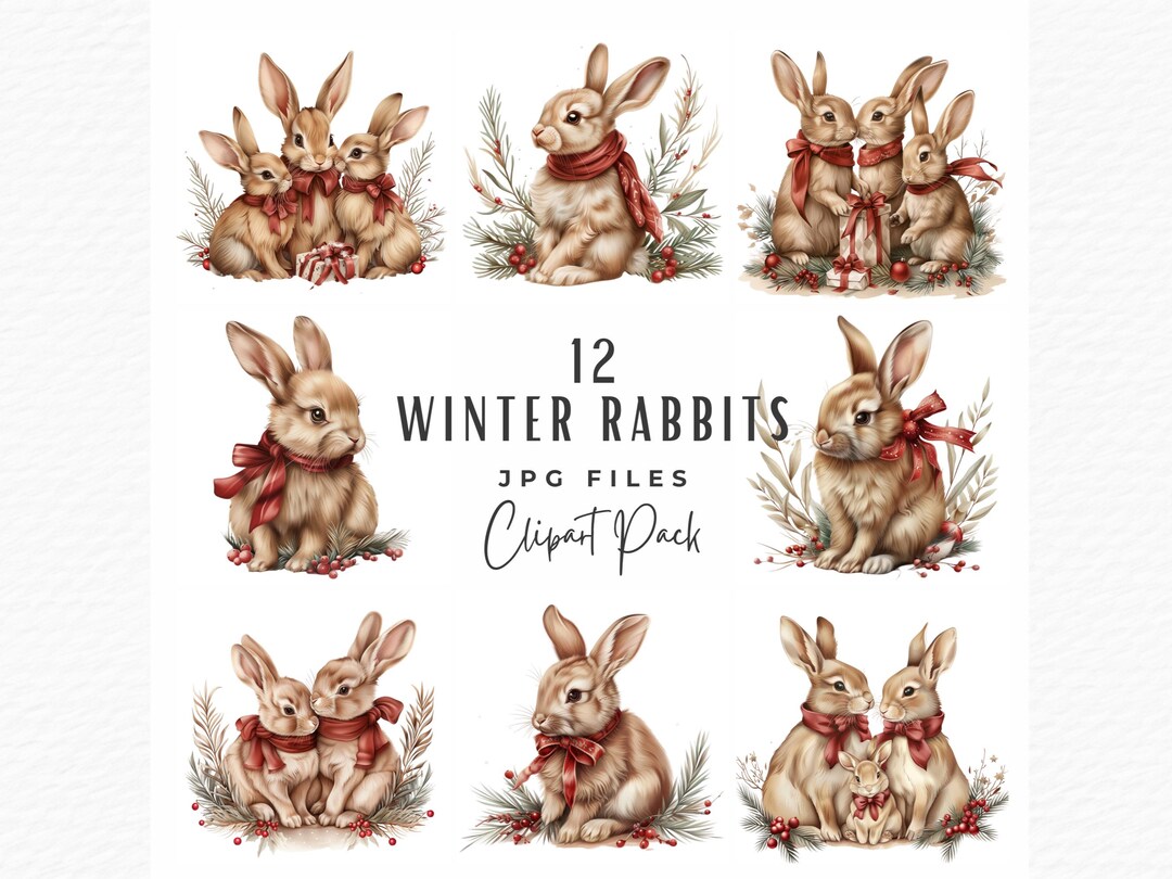 Winter Rabbit Clipart Bundle, 12 Cute Whimsical Watercolor Christmas ...