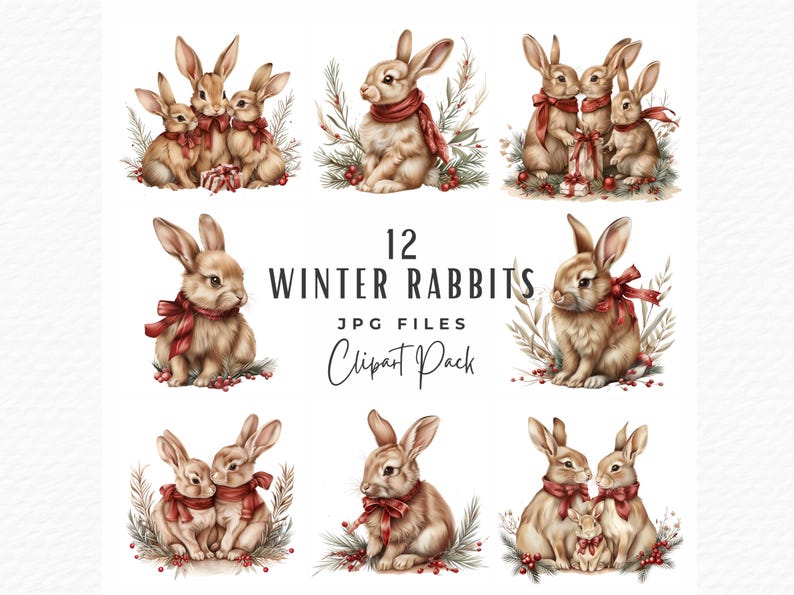 Winter Rabbit Clipart Bundle, 12 Cute Whimsical Watercolor Christmas ...
