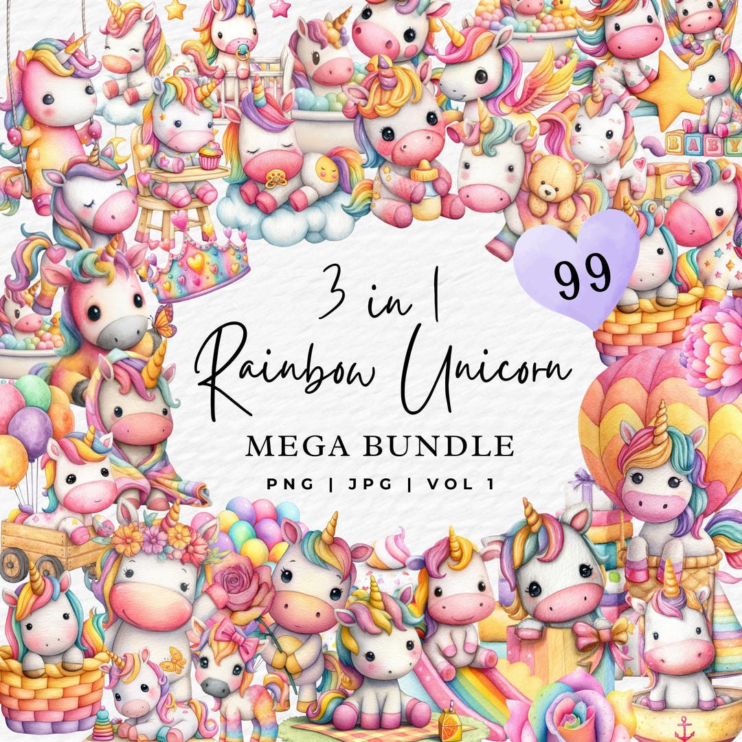 Rainbow Unicorn Mega Bundle Clipart PNG With Birthday Baby Shower ...