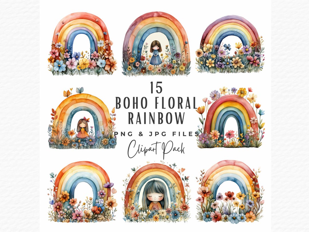 Boho Rainbow Floral Watercolor Clipart Bundle | 15 Watercolour ...