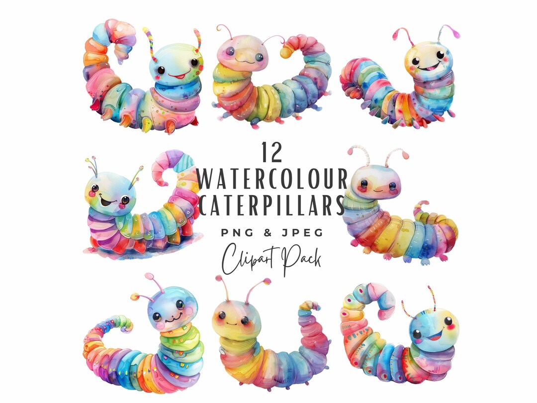 Watercolor Caterpillar Clipart: Rainbow Insect Bug (digital Download ...