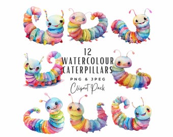 Caterpillar Clipart Bundle, Cute Rainbow Bug Caterpillars Watercolor ...