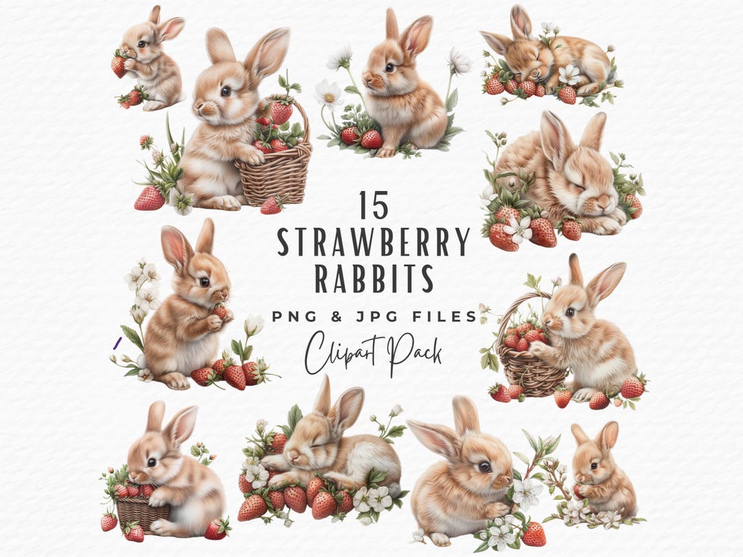 Bunny With Strawberry Clipart Bundle, 15 Watercolor Cute Bunny Rabbit ...