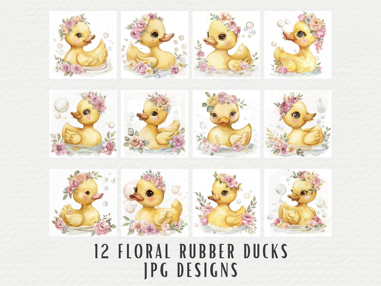 Rubber Duck Bubble Bath Clipart Bundle Watercolor Pink Floral Duck ...