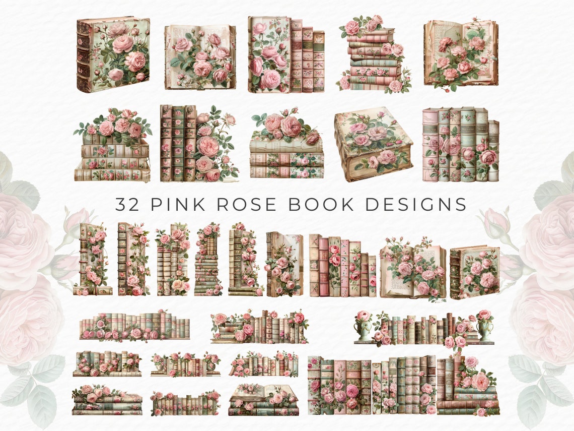 Watercolor Book Clipart Bundle, 32 Pink Rose Book Border PNG, School ...