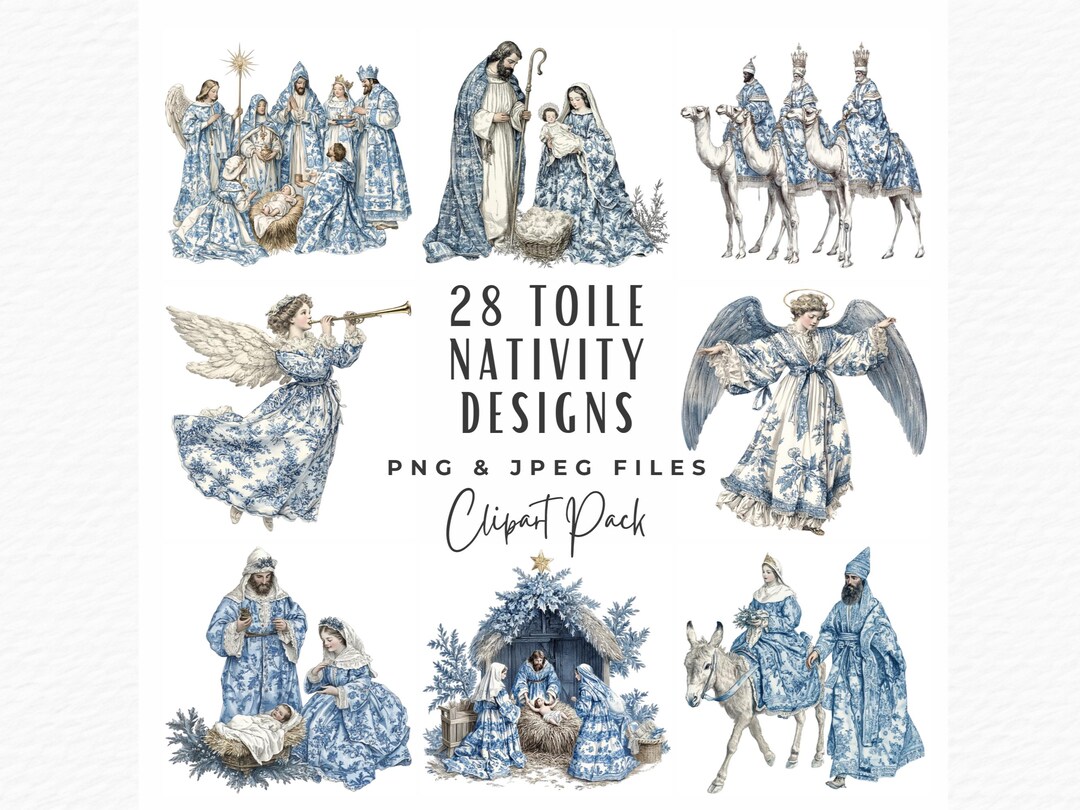Christmas Toile Nativity Clipart, Blue & White Chinoiserie (digital ...