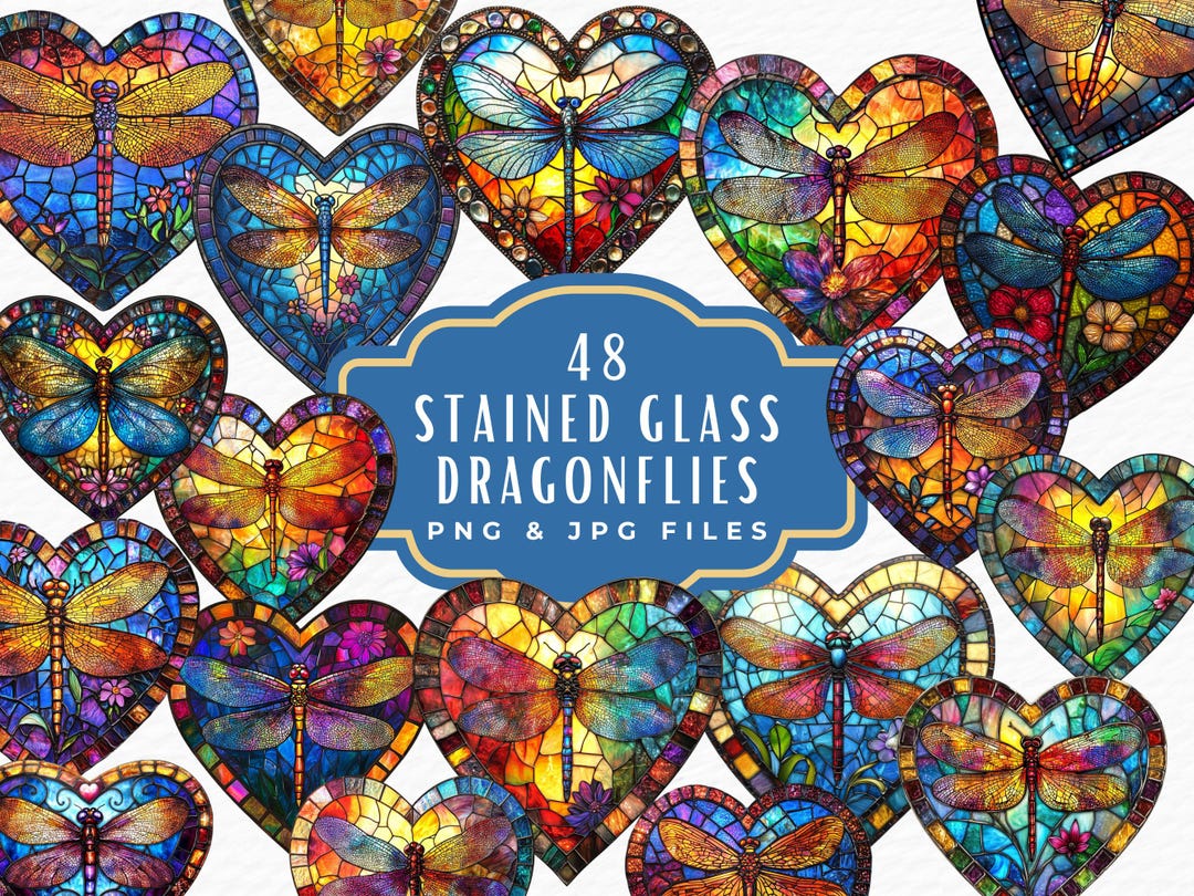 Dragonfly Stained Glass Clipart: Heart Watercolor PNG, JPG (digital ...