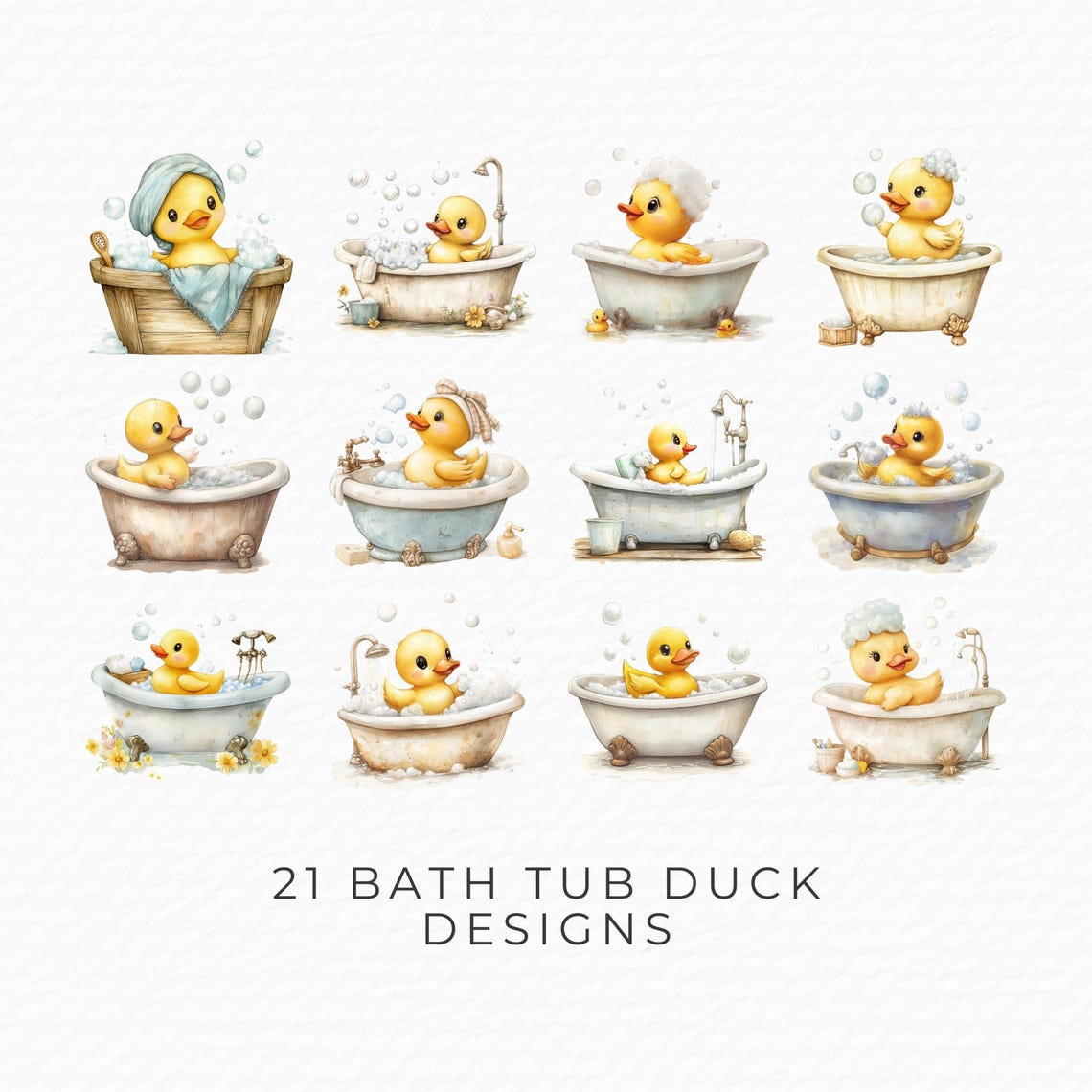 Rubber Duck in Tub Clipart Bundle Watercolor Baby Rubber Duck Bubble ...