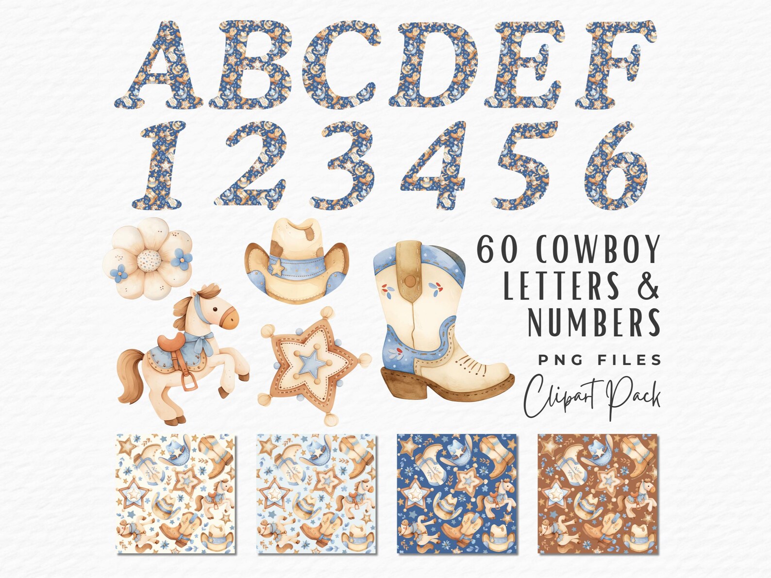 Watercolor Cowboy Alphabet Clipart: Western Letters & Numbers (digital ...
