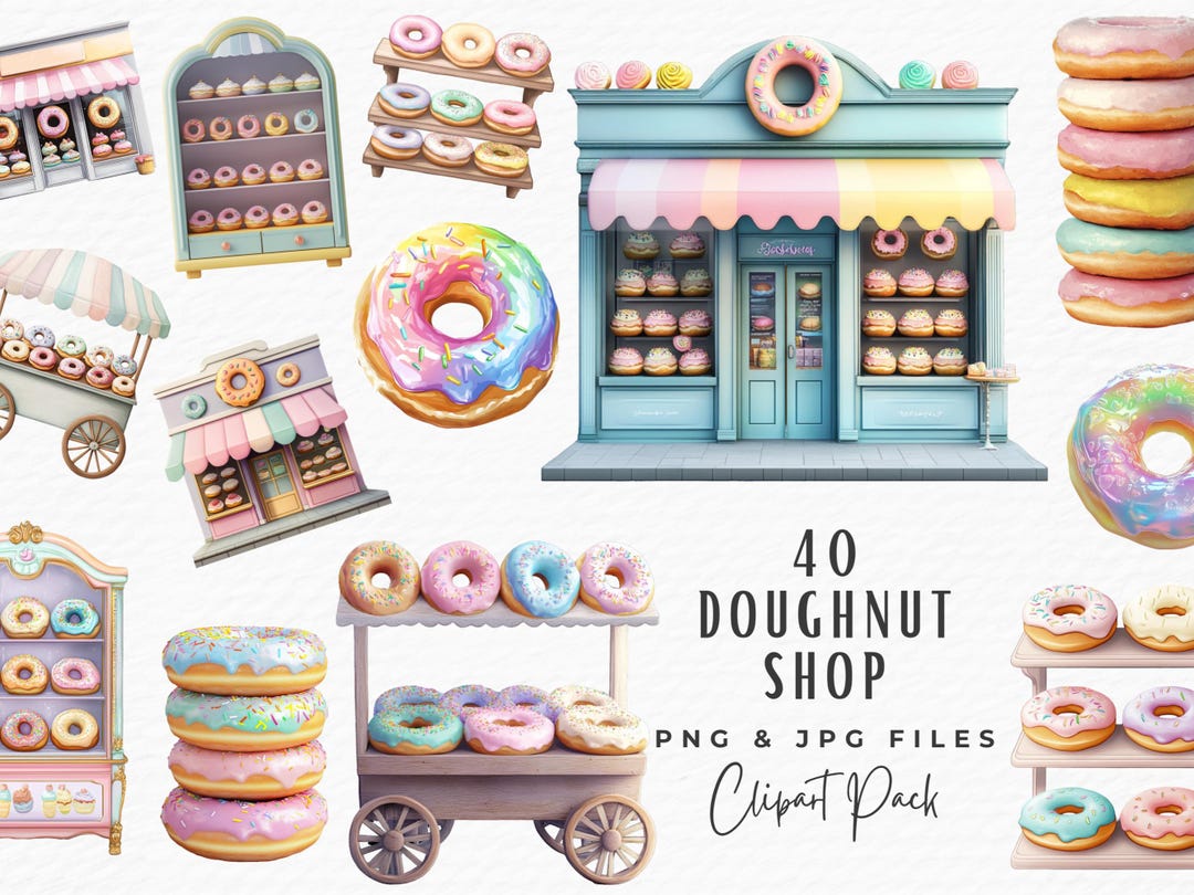 Doughnut Shop Clipart Bundle, 40 Pastel Watercolor Donut Cart Donut ...