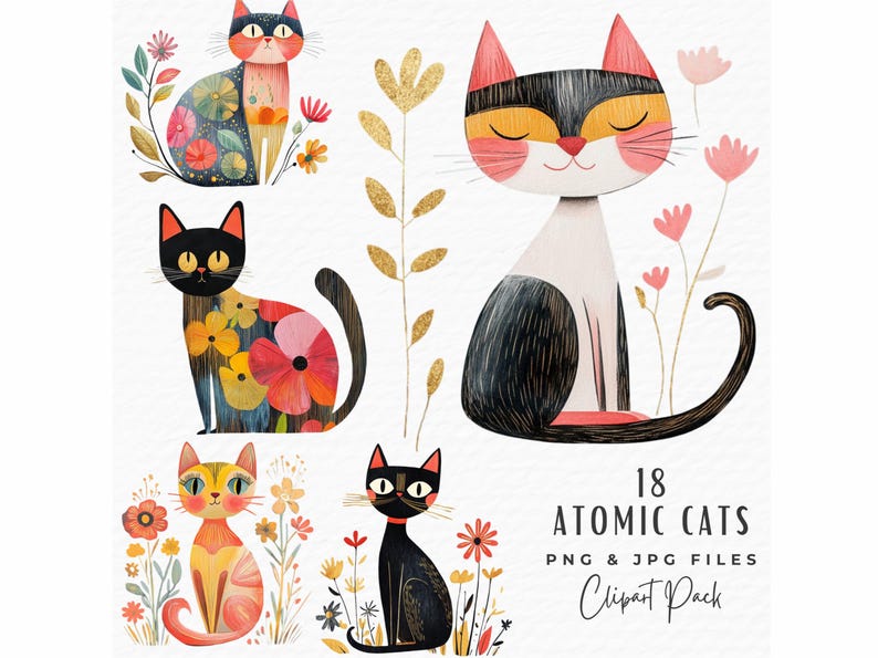 Retro Atomic Cat Clipart Bundle, Mid Century Modern PNG (digital ...