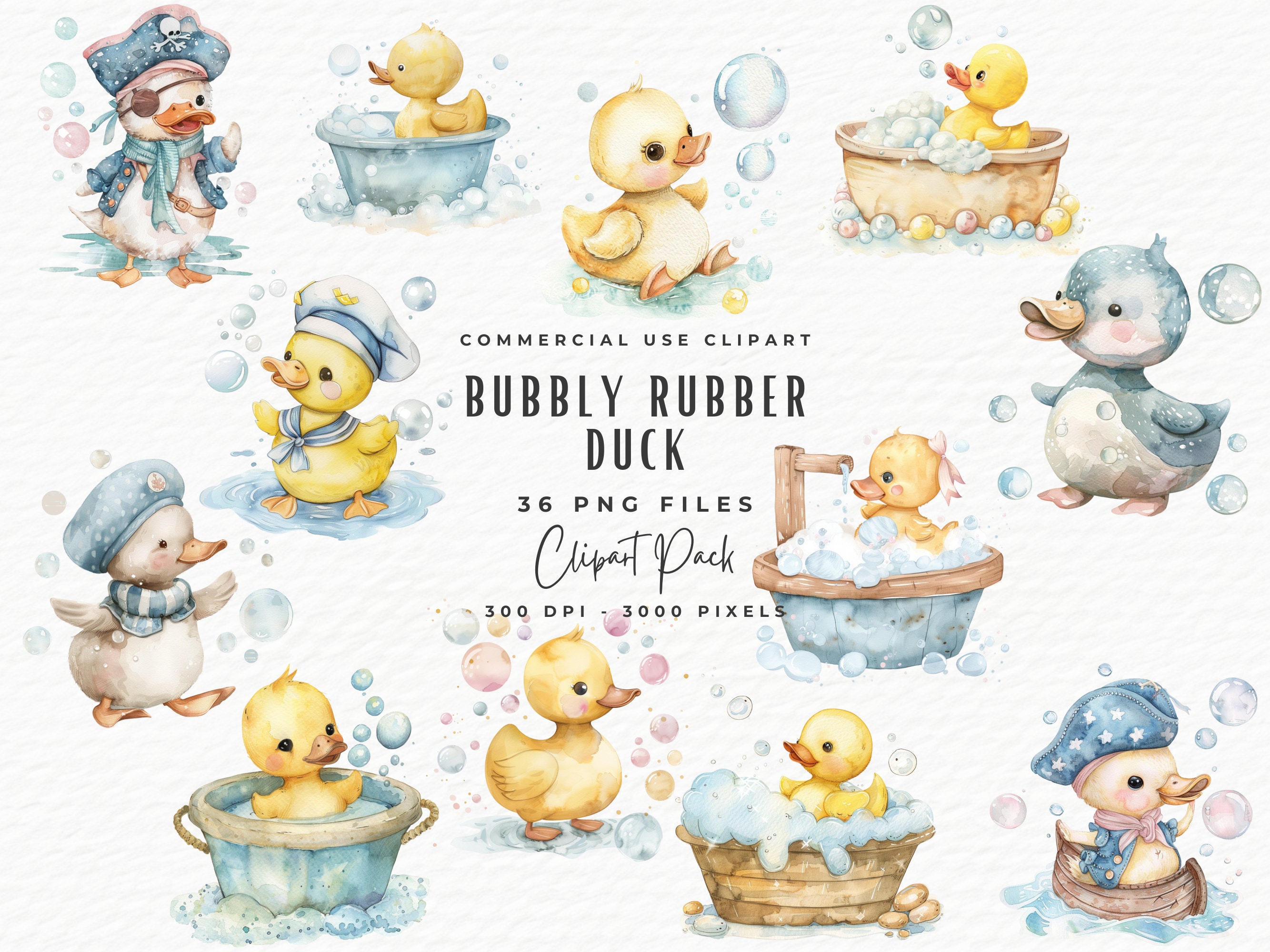 36 Rubber Duck in Bubbles Clipart Bundle Watercolor Bubbly Bath Time ...