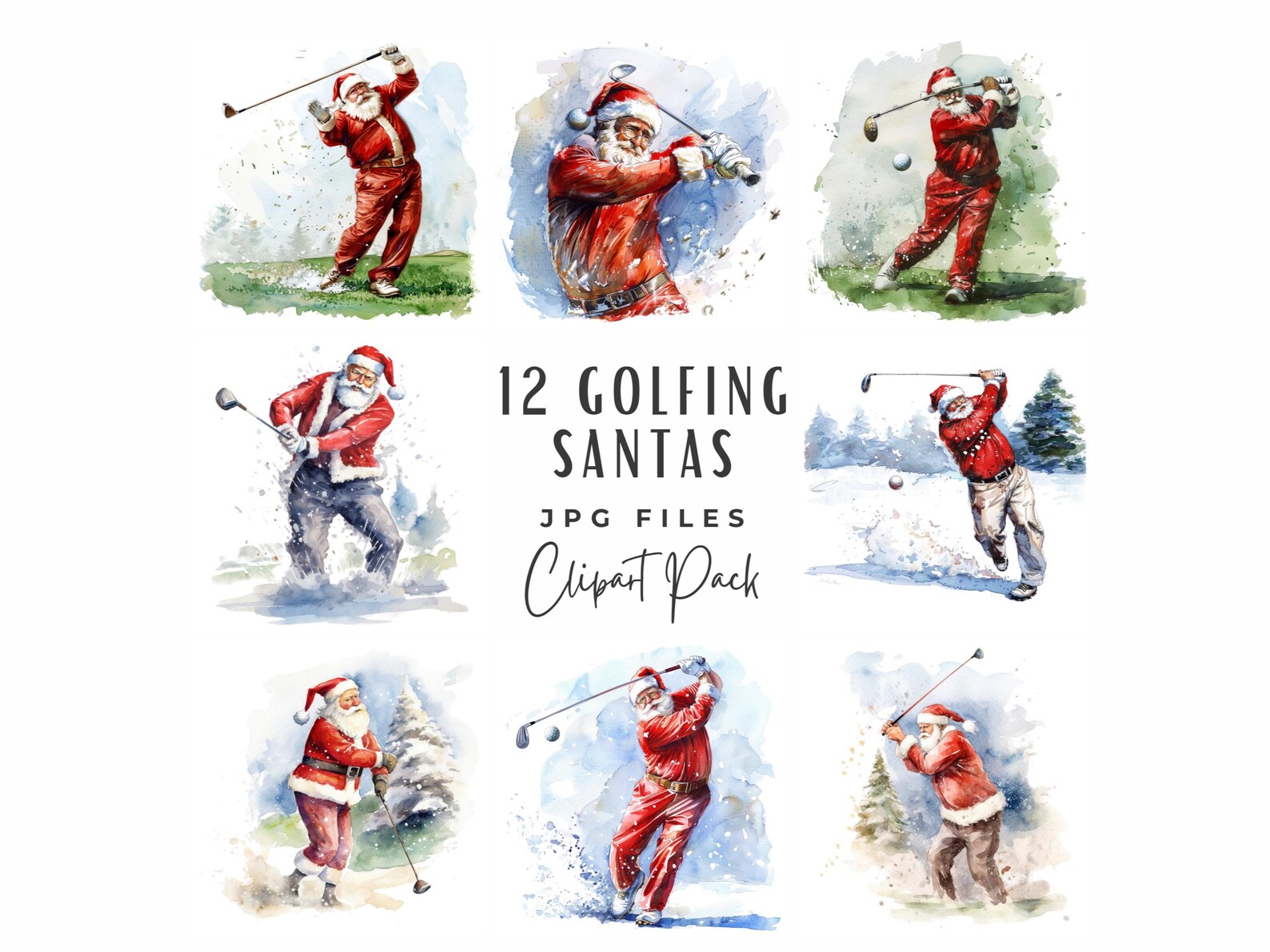Golf Santa Clipart Bundle, 12 Watercolor Christmas Winter Holiday Santa ...