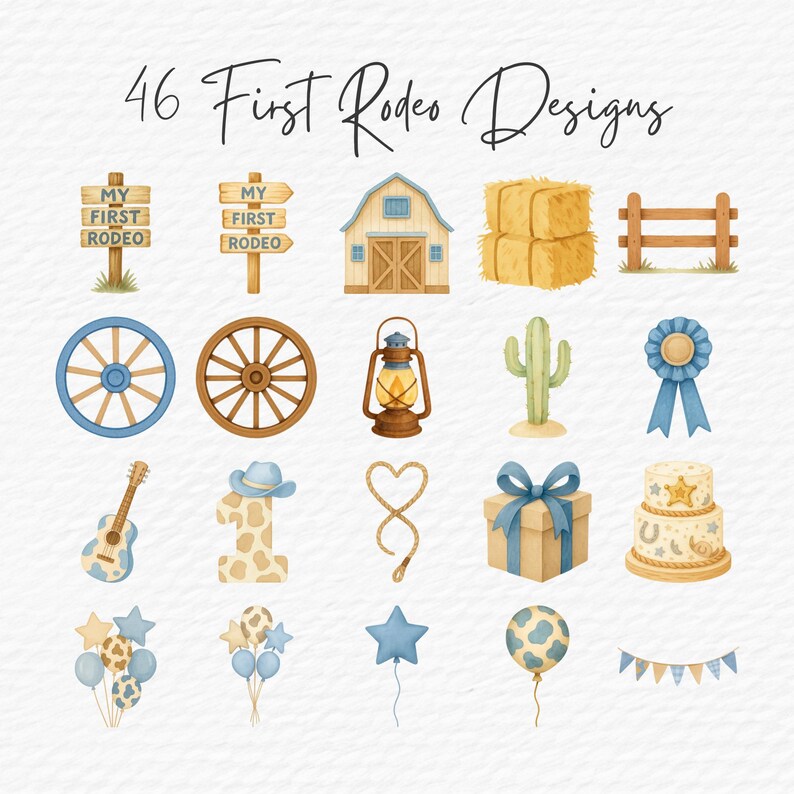 My First Rodeo Clipart Bundle, Watercolor Cowboy, Baby Shower PNG ...