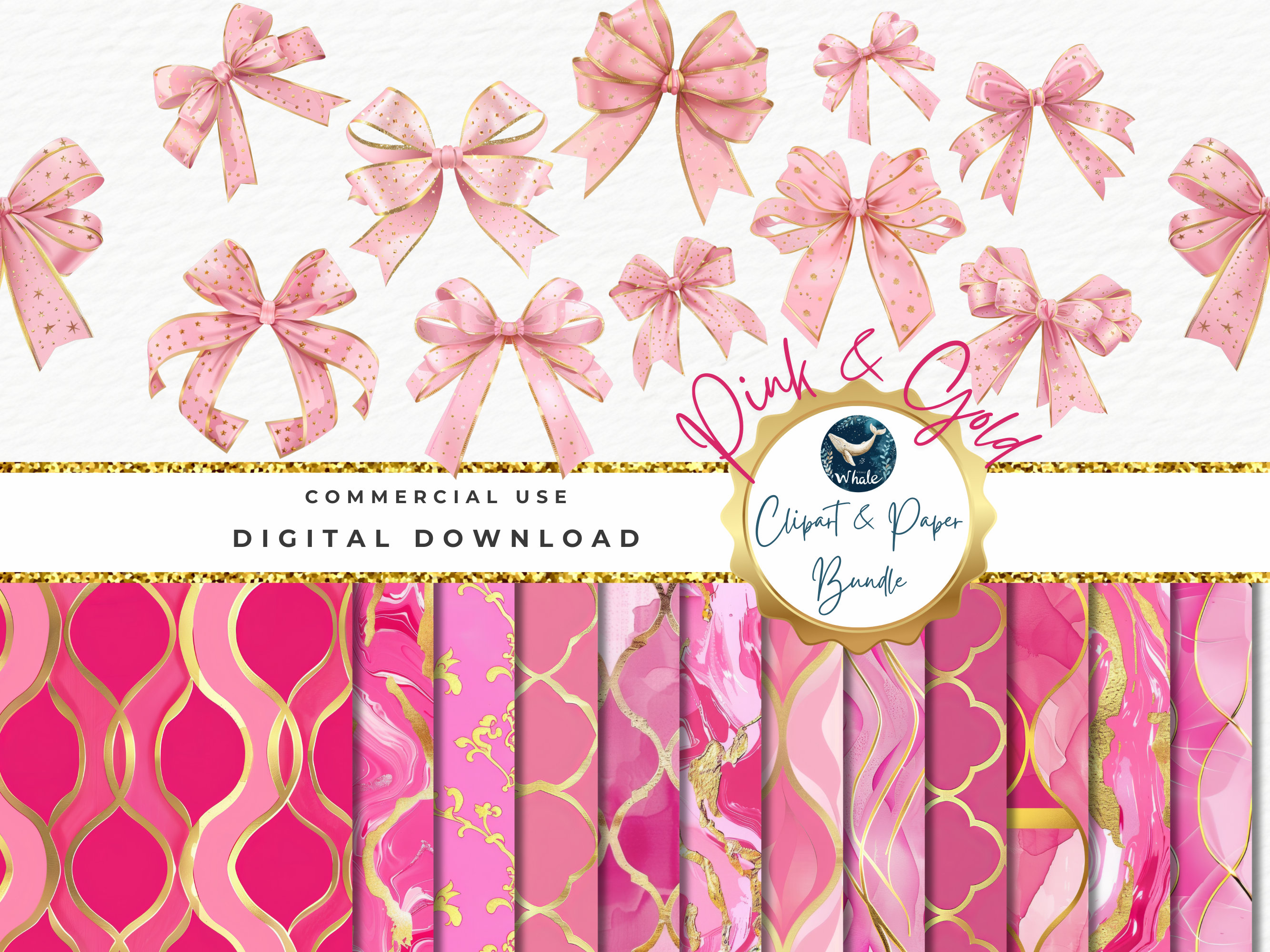 Digital Seamless Paper & Clipart Bundle, Pink Gold Seamless Pattern ...
