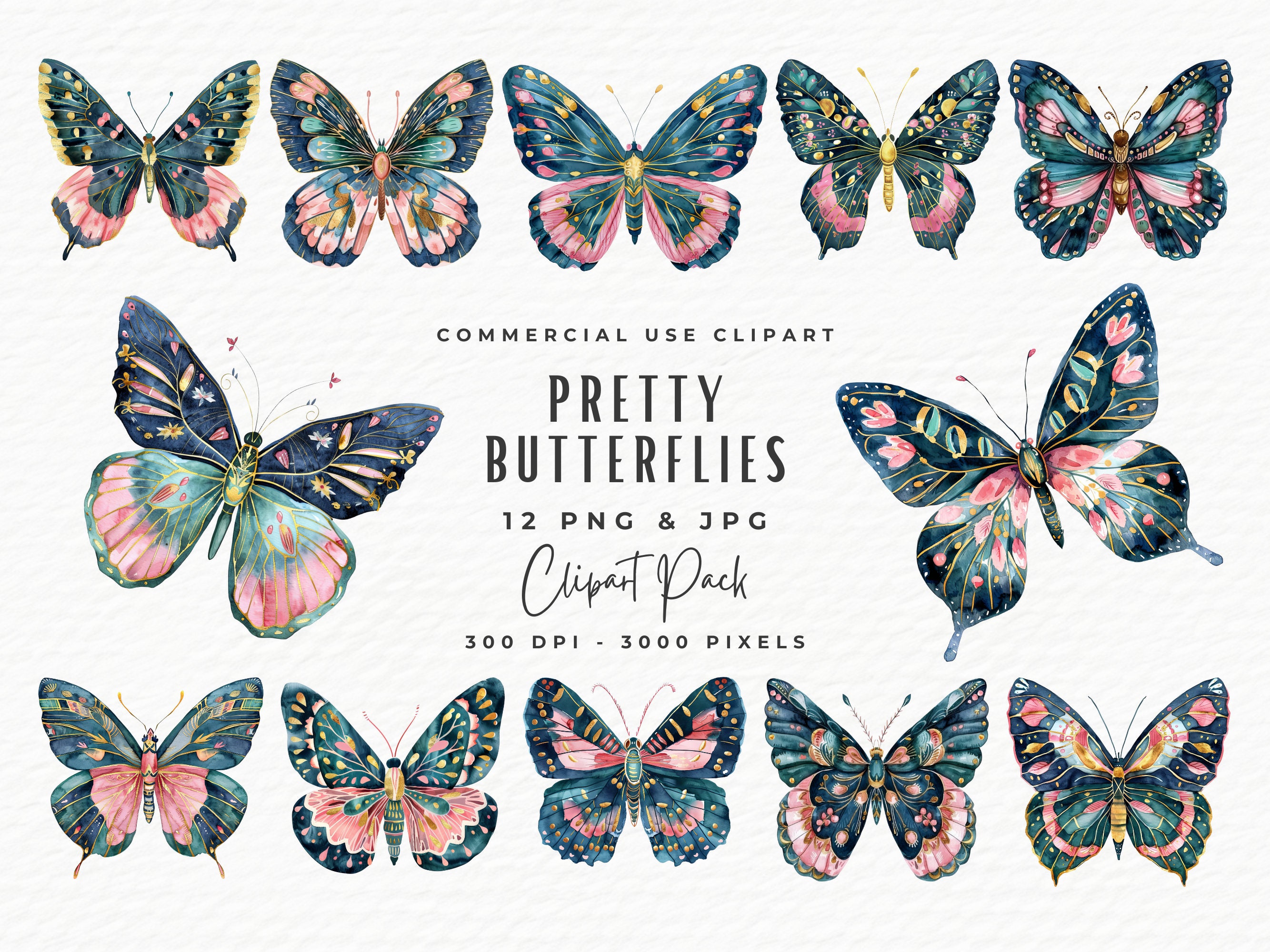 12 Watercolor Butterfly Clipart Bundle | Pink & Blue Butterfly Clipart ...