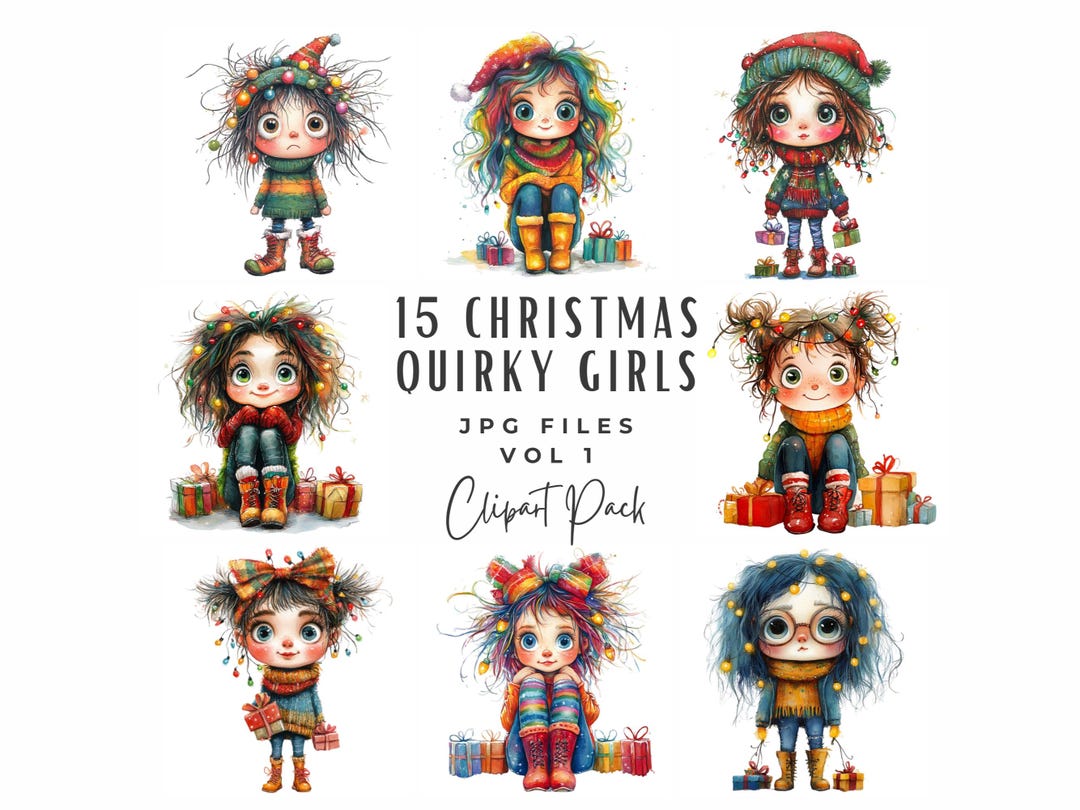 Quirky Christmas Girl Clipart Bundle, Cute Whimsical Watercolor Xmas ...