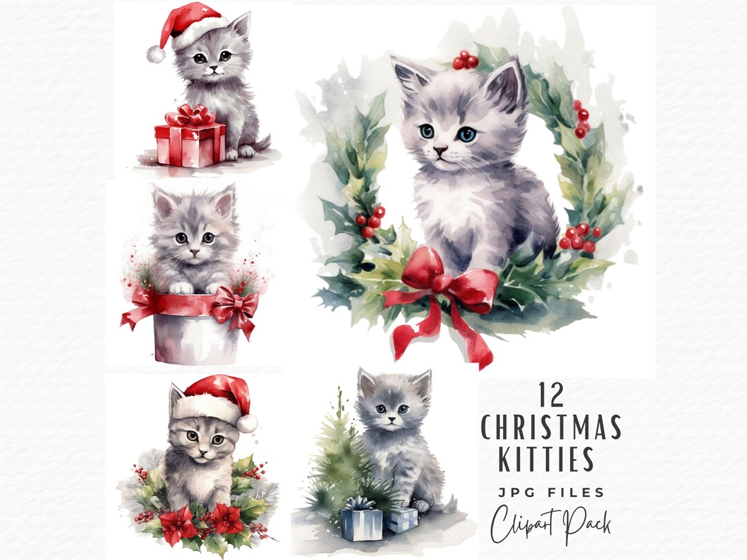 Christmas Kitten Clipart Bundle, Cute Watercolor Christmas Cat Clipart ...