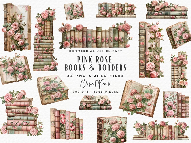 Watercolor Book Clipart Bundle, 32 Pink Rose Book Border PNG, School ...