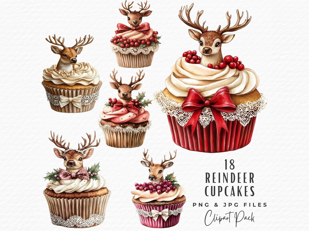 Reindeer Cupcake Clipart Bundle, 18 Vintage Watercolor Christmas ...