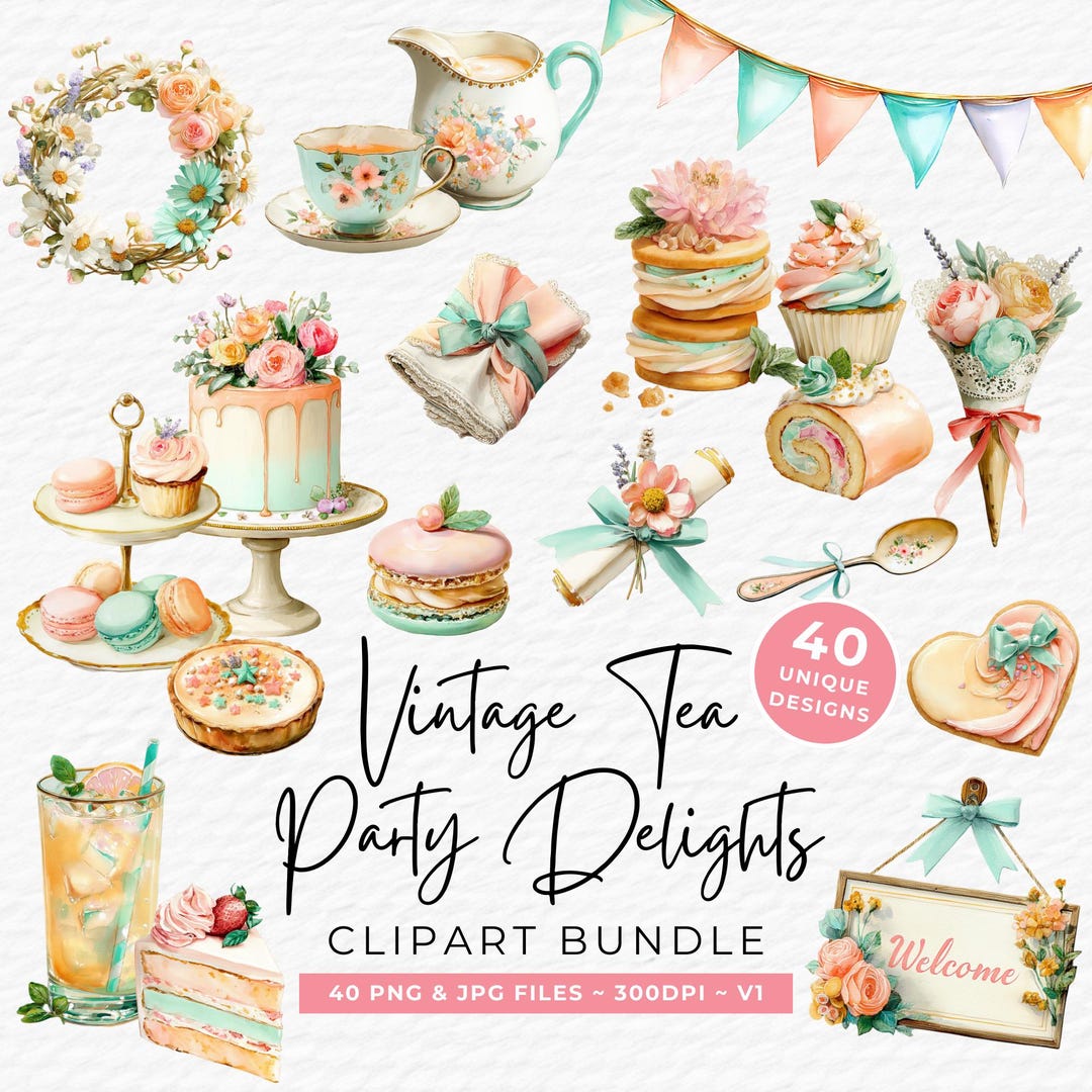 Vintage Tea Party Clipart, Pastel Afternoon Teacup Set Cakes Florals ...