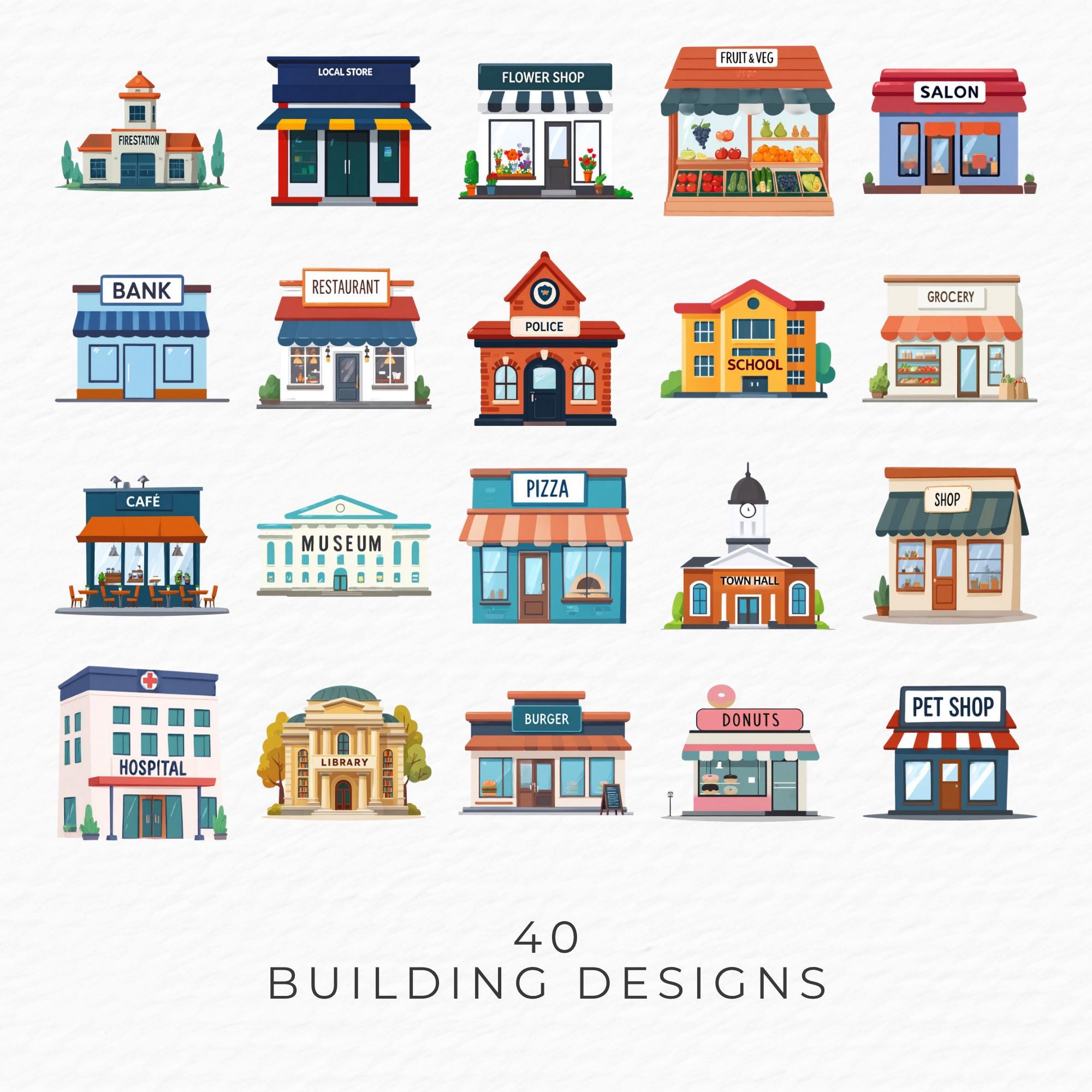 Community Buildings Clipart Set, School, Hospital, Store (digital ...