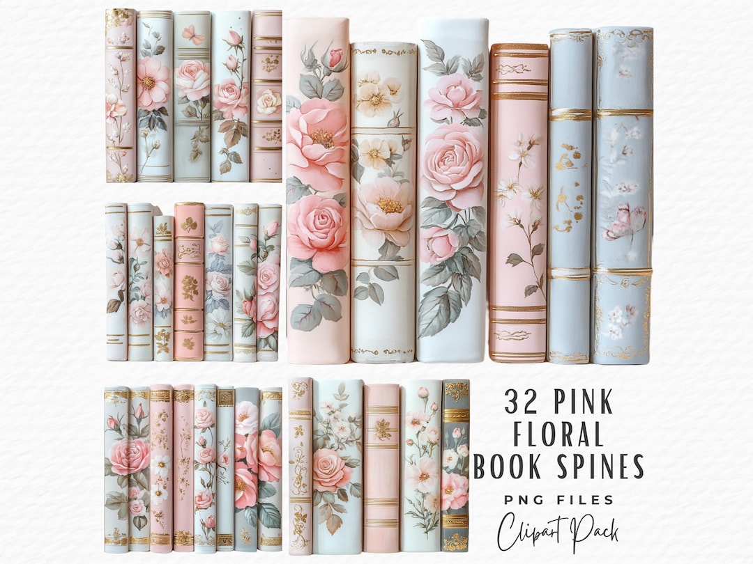 Watercolor Pink Floral Book Spine Clipart: Vintage PNG Designs (digital ...