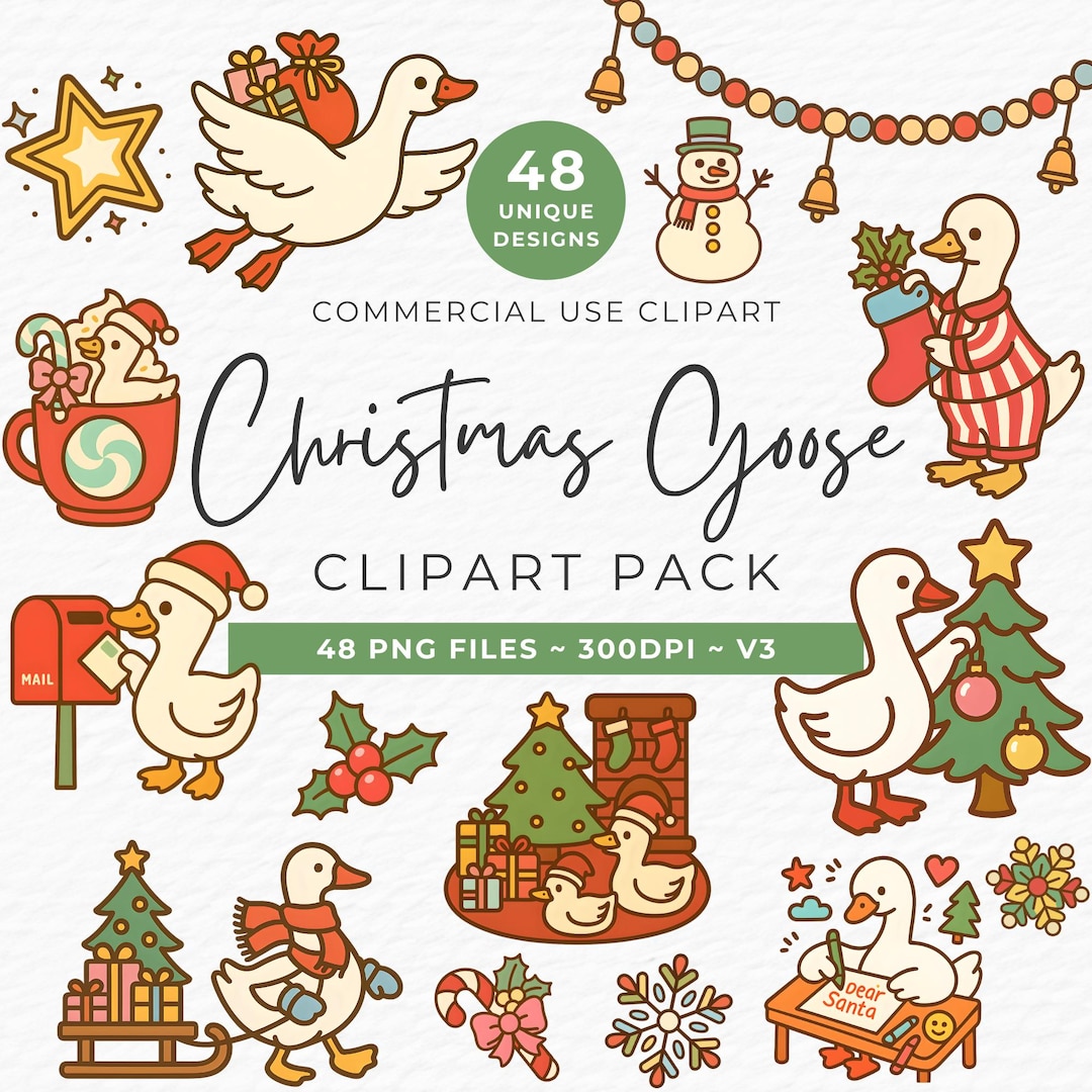 Funny Christmas Goose Clipart Bundle: 48 Holiday PNG Illustrations ...