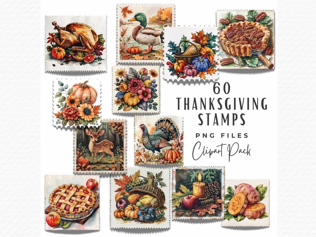 Thanksgiving Postage Stamp Clipart Bundle, 60 Vintage Faux Stamp PNG ...