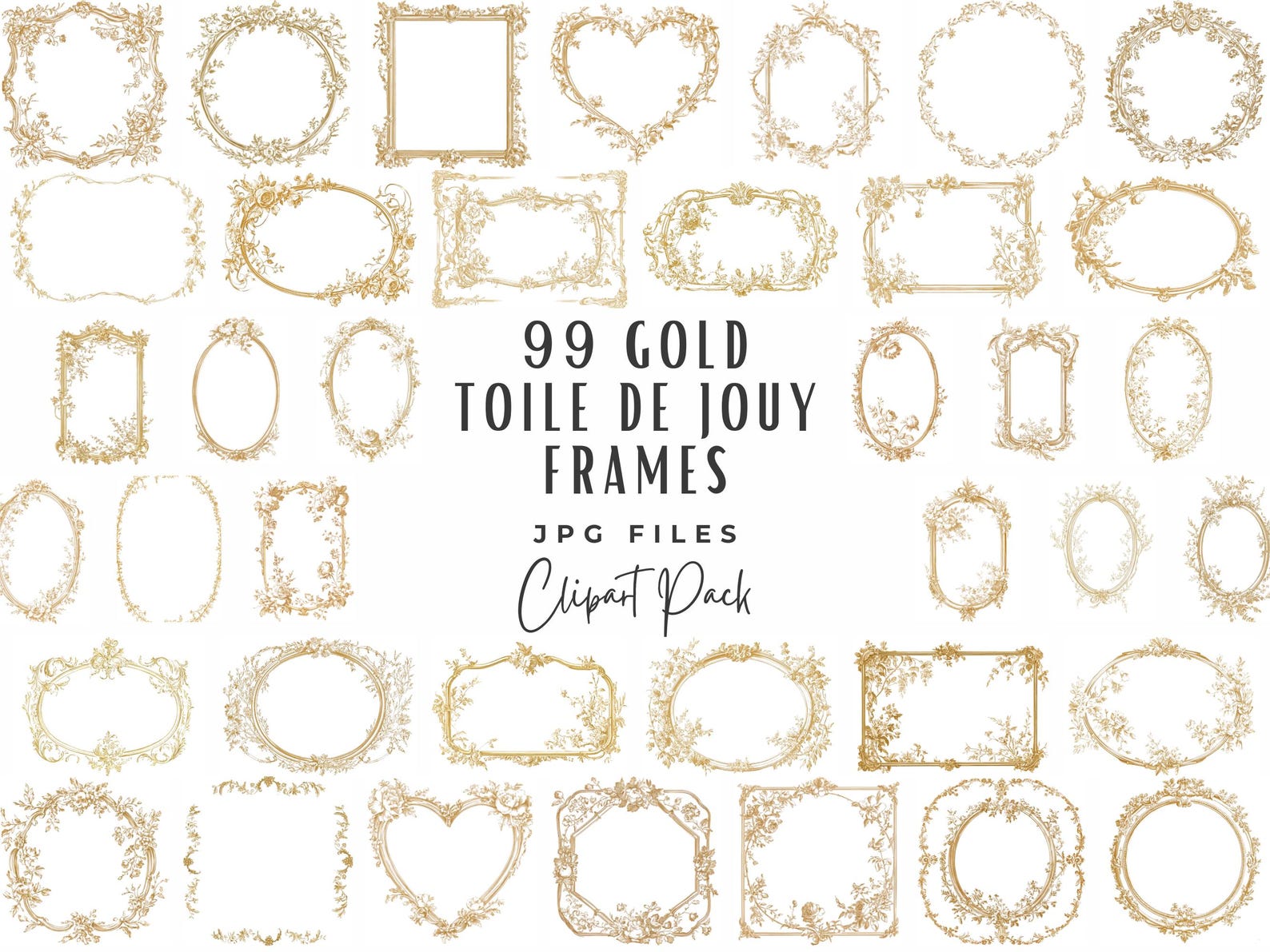 French Gold Frame Clipart Bundle, 99 Watercolor Vintage Gold Toile De ...
