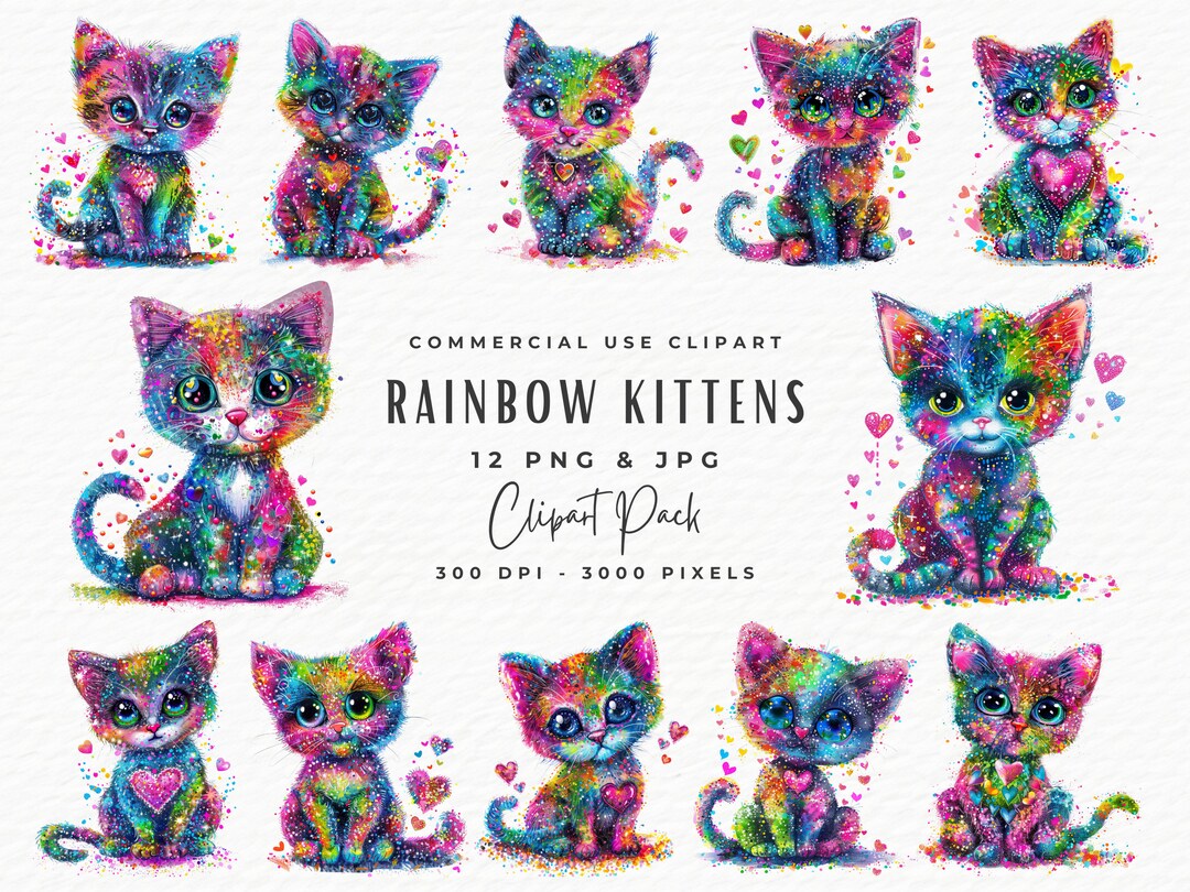 12 Cute Rainbow Kitten Clipart Bundle, Bright Cat Clip Art PNG JPEG ...