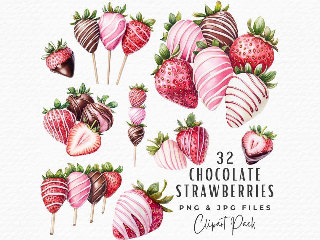 Chocolate Covered Strawberry Clipart: 32 Watercolor Valentine PNG JPG ...