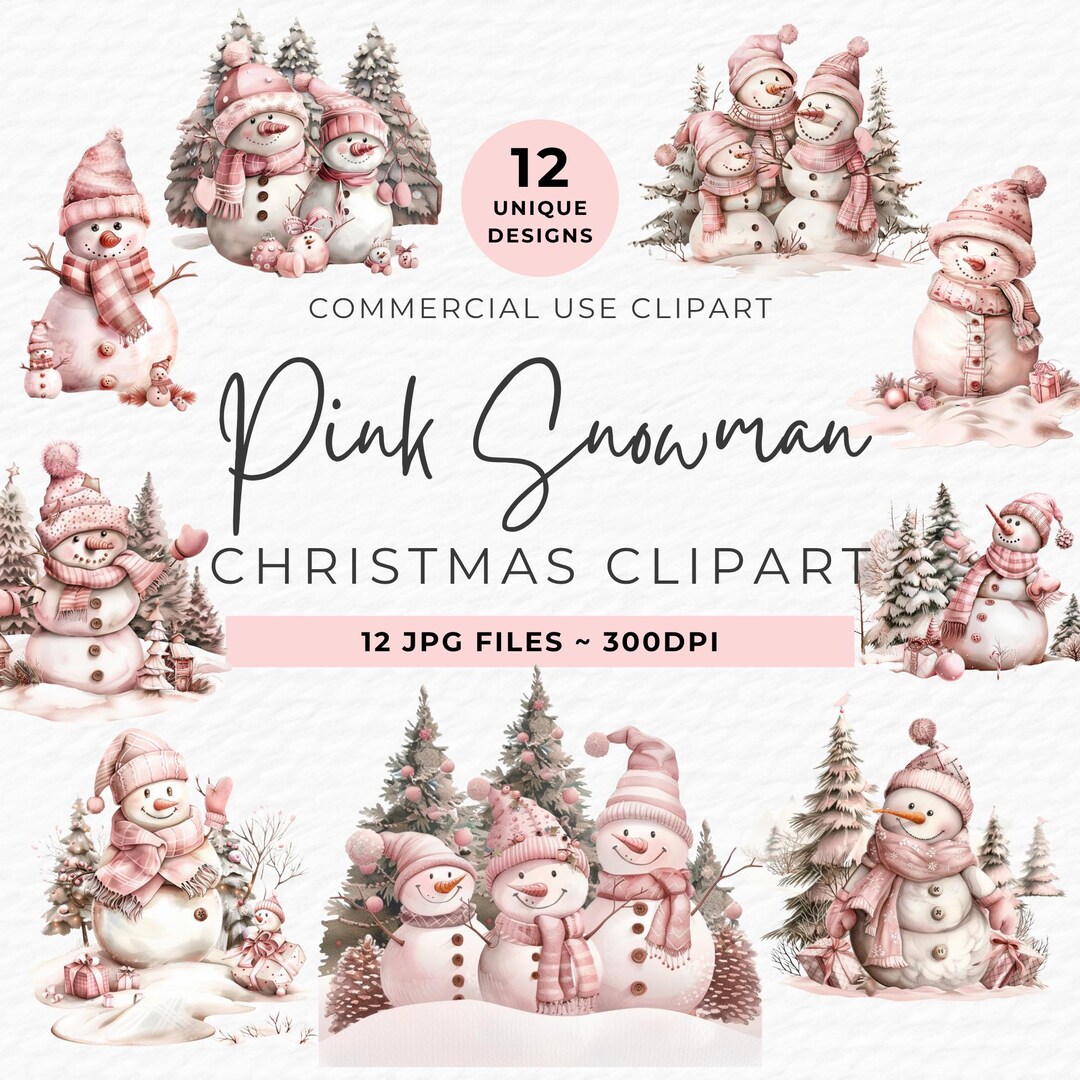 Pink Snowman Family Clipart, Cute Watercolor Snowman JPG, Christmas ...