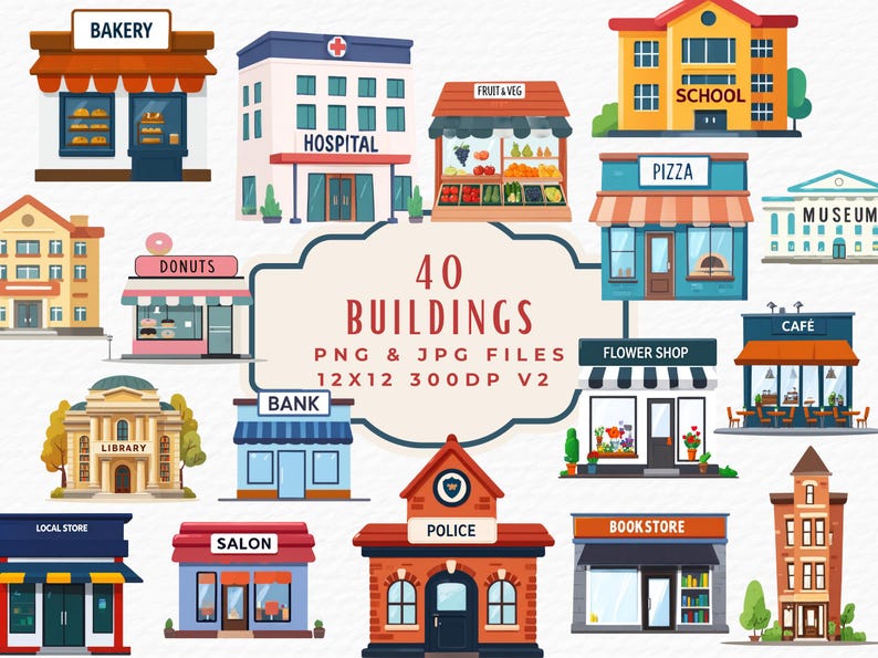 Community Buildings Clipart Set, School, Hospital, Store (digital ...