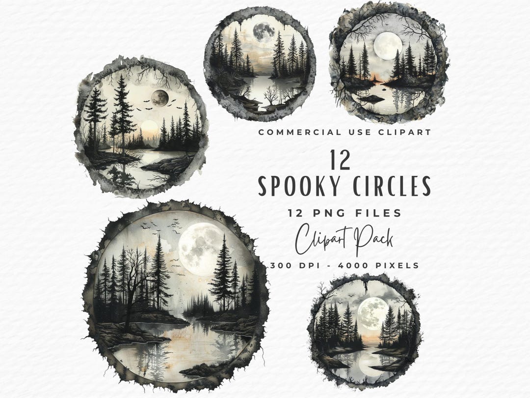 Spooky Full Moon Clipart Bundle | 12 Watercolor Halloween Invitation Décor Clip Art Digital ...