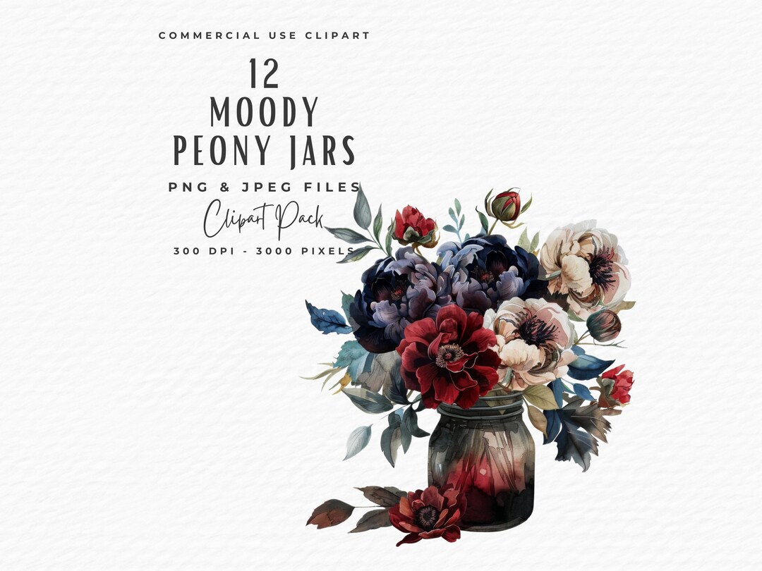 Moody Peony Mason Jar Clipart Bundle: Watercolor Flowers (digital ...
