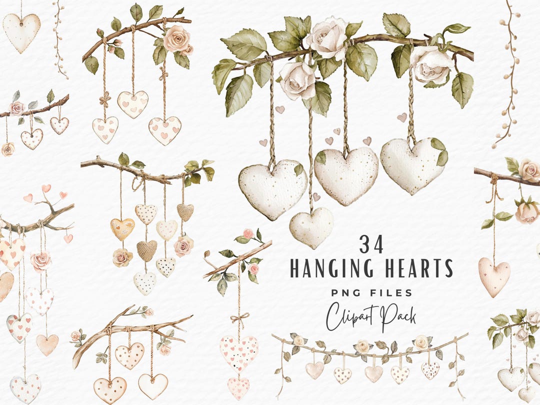 Watercolor Hanging Hearts Clipart: Valentine's Day PNG Bundle (digital ...
