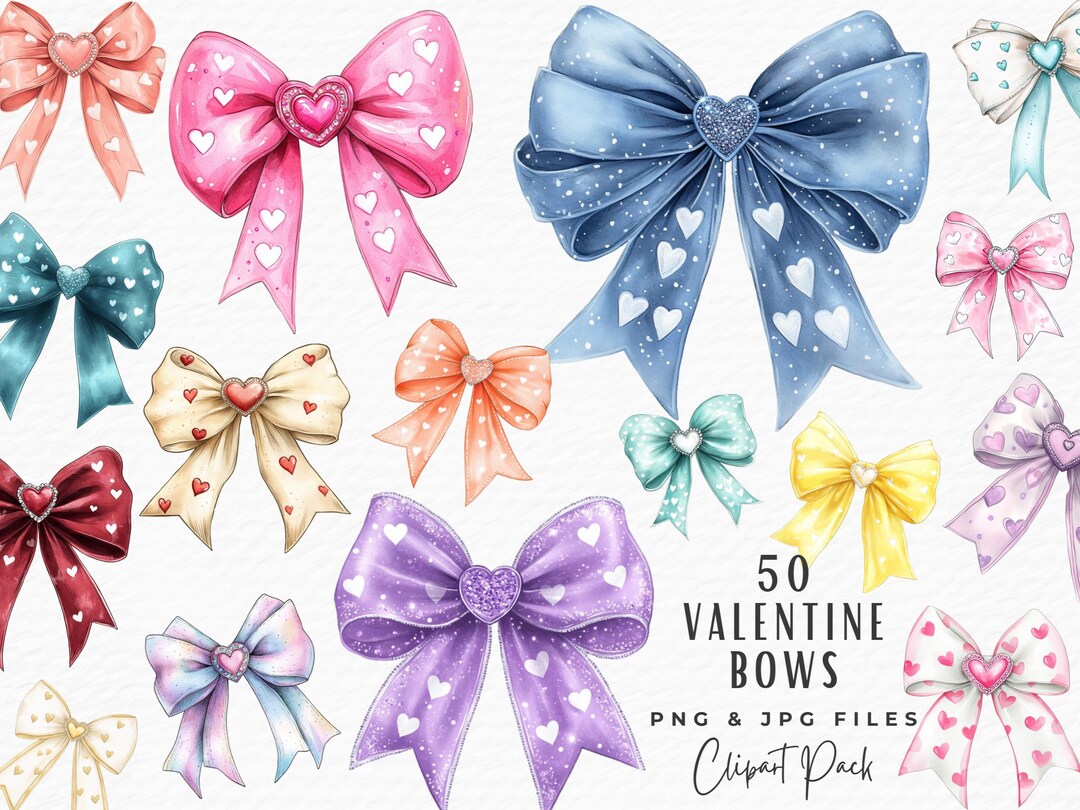 Valentines Day Bows Clipart Set, 50 Watercolor Red Love Heart Coquette ...