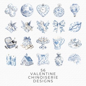 Valentine Toile Clipart, 56 Watercolor Blue & White Grandmillenial ...