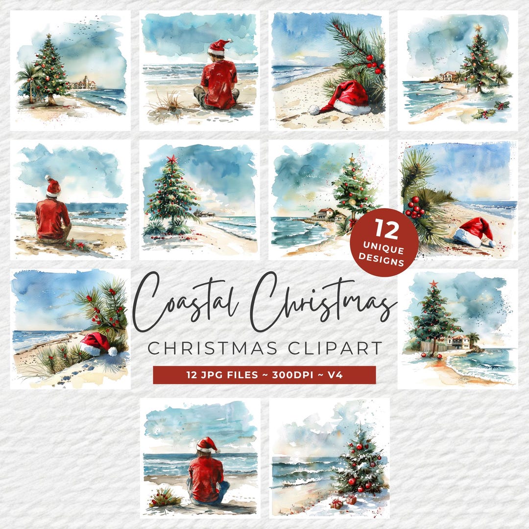 Watercolor Christmas Beach Clipart Bundle, Coastal Nautical Designs ...