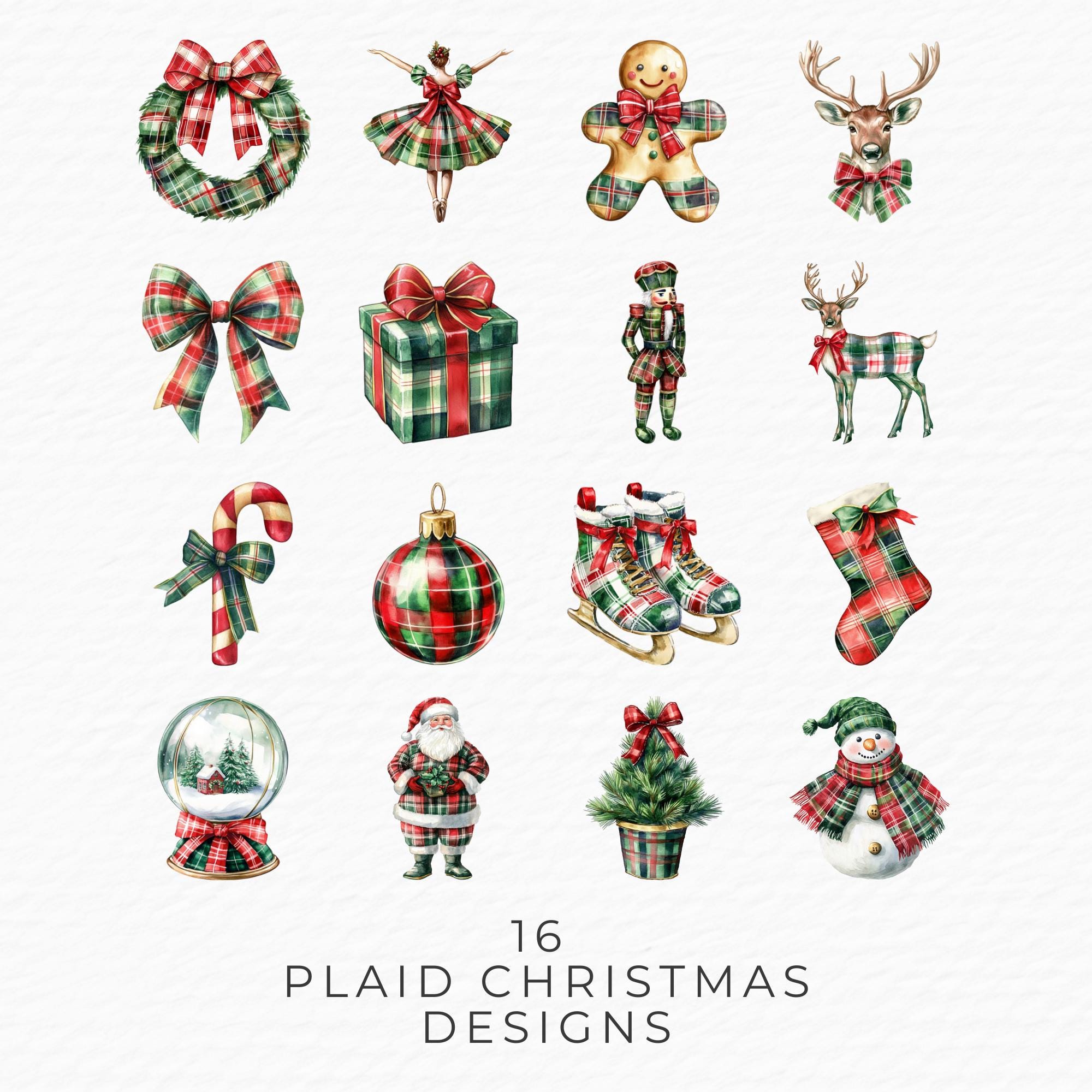 Vintage Plaid Christmas Clipart Bundle | 16 Watercolor Christmas Red ...