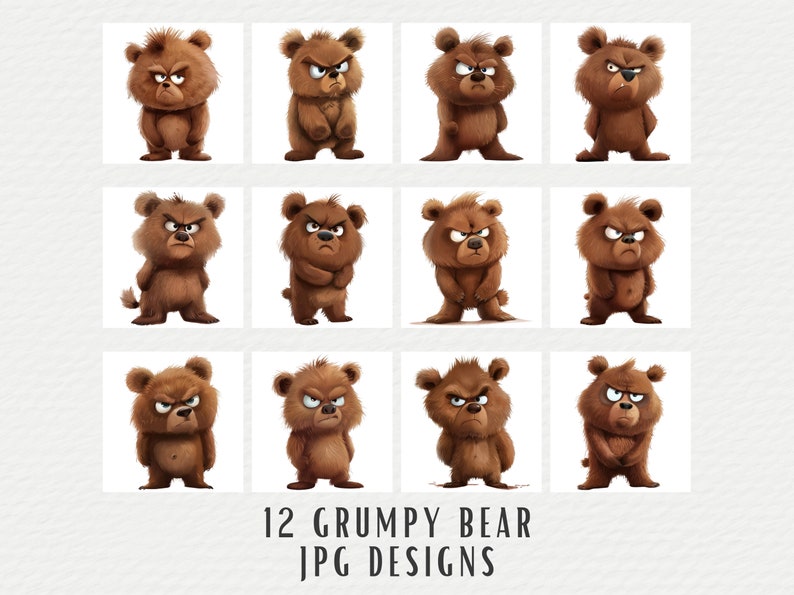 Grumpy Teddy Bear Clipart Bundle, Quirky Illustration (digital Download ...